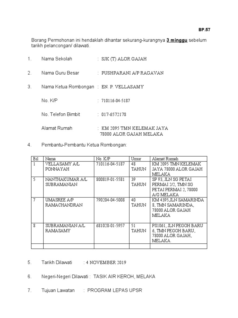 Borang BP57 Lawatan - Program Lepas UPSR | PDF