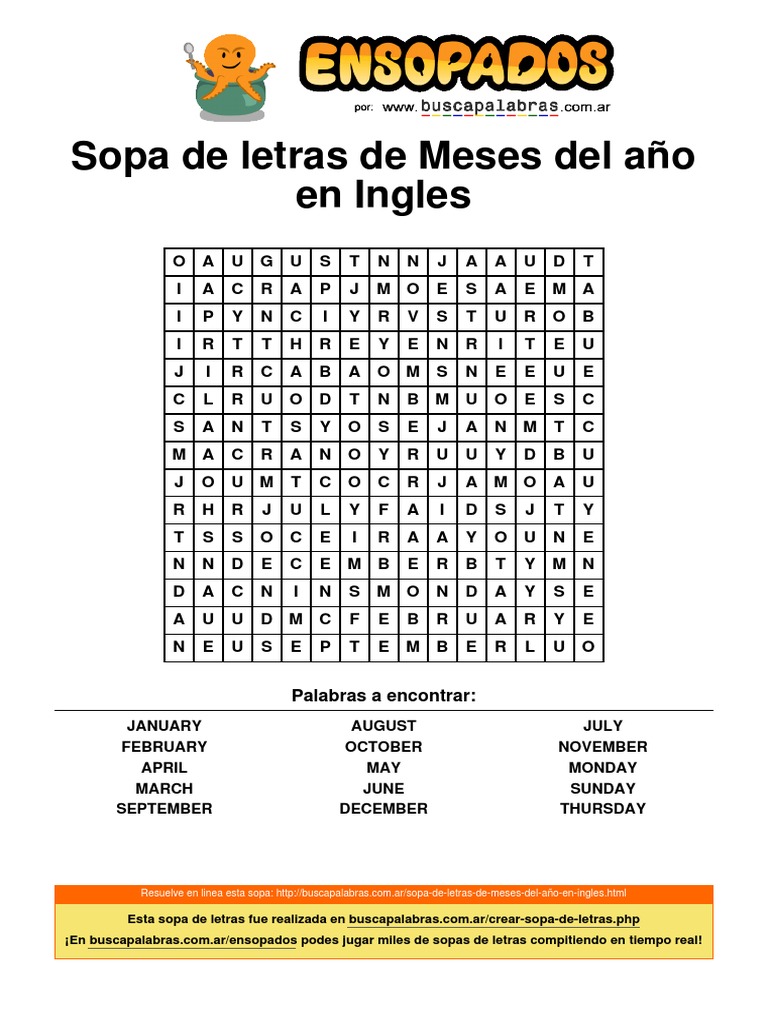 Sopa de Letras: Meses del Año en Inglés | PDF