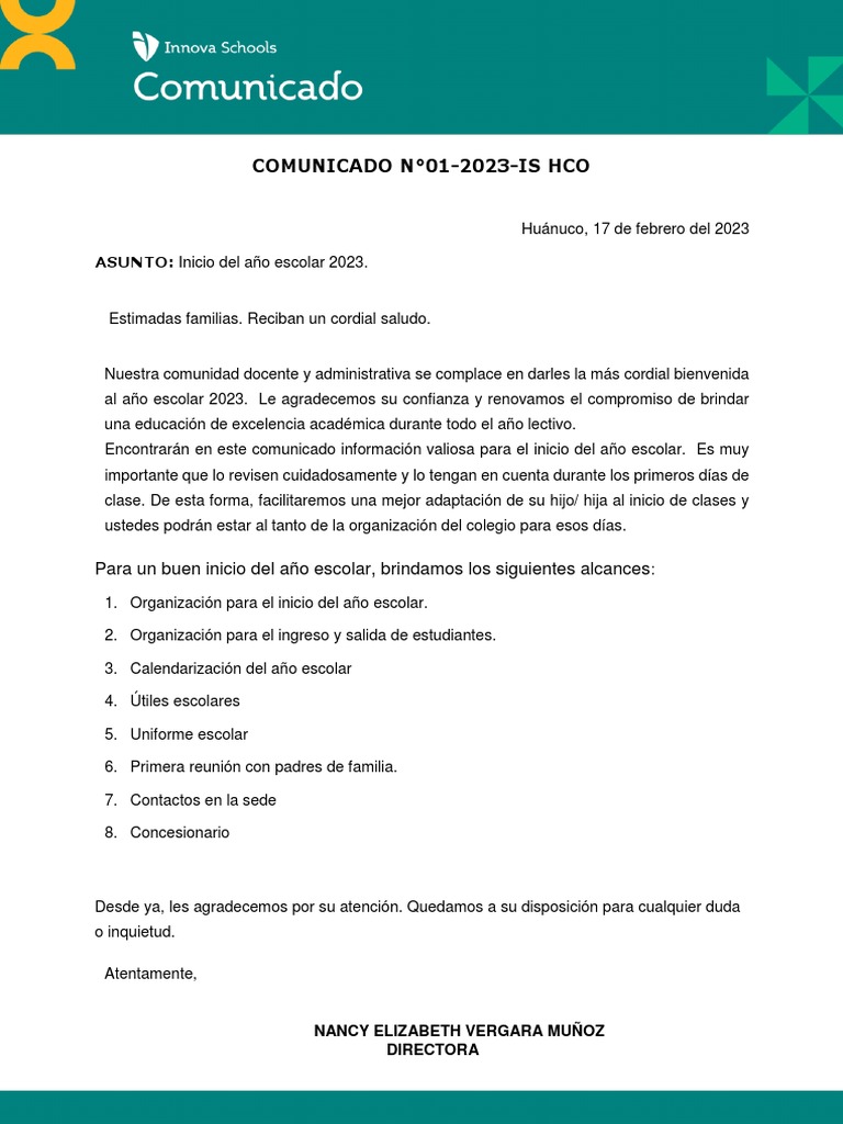 Comunicado 01 - 2023 IS HCO Inicio Del A241o Escolar - 1 - 11160803 PDF | PDF