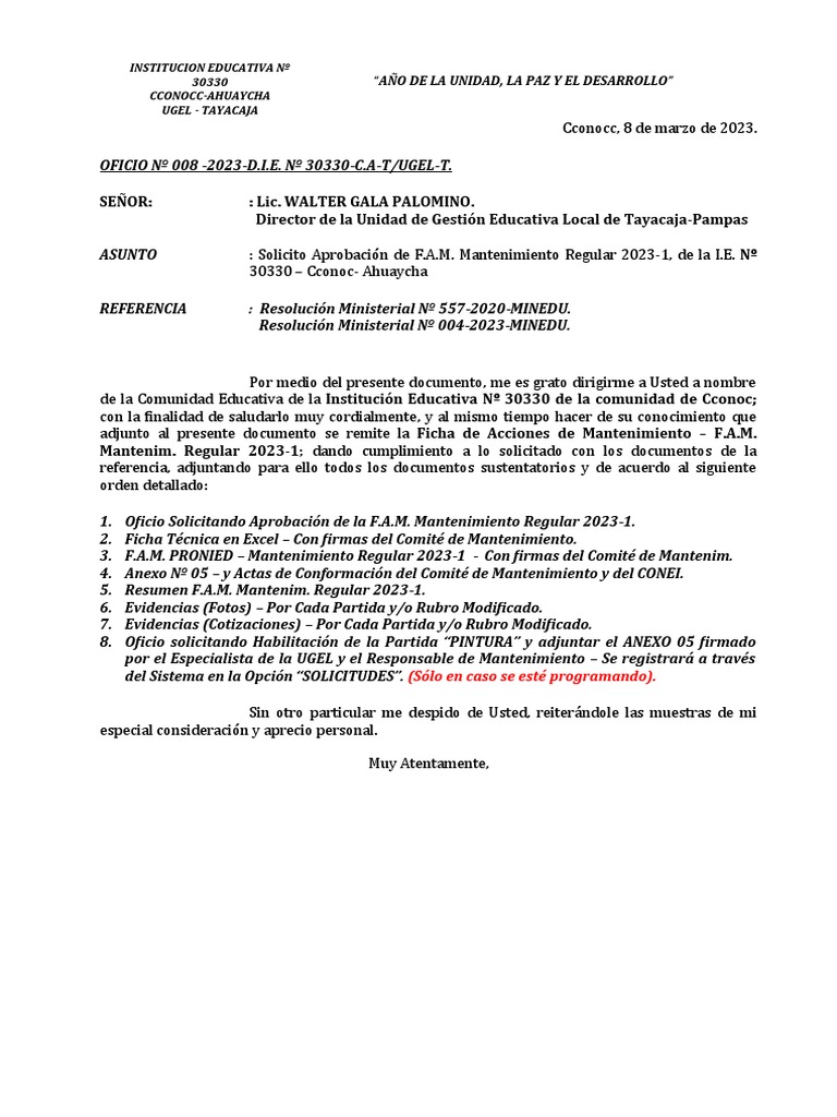 MODELO OFICIO SOLICITO APROB. FAM MANT. REGULAR - 2023-1[1] ARANA | PDF