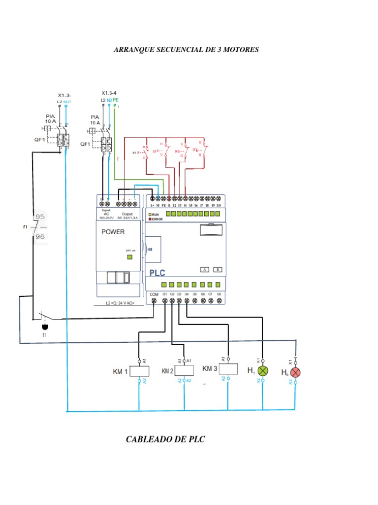 Conexión en serie de tres motores controlados por PLC: diagrama de ...