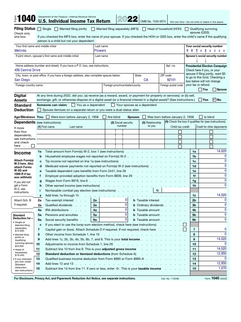 Melinda Flowers' 2022 IRS 1040 Form | PDF | Irs Tax Forms | Tax Deduction
