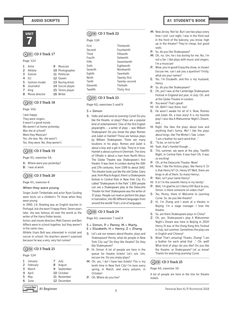 PB AmE A1 SB Audioscript U7 | PDF | Romeo And Juliet | William Shakespeare