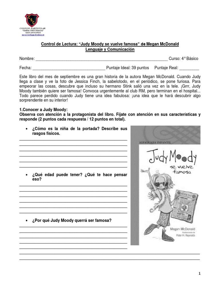 Control de Lectura Judy Moody Se Vuelve Famosa | PDF | Adverbio ...