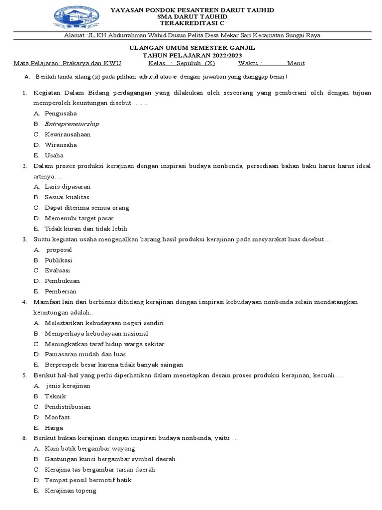 Soal PAS Prakarya Kls X Ganjil | PDF