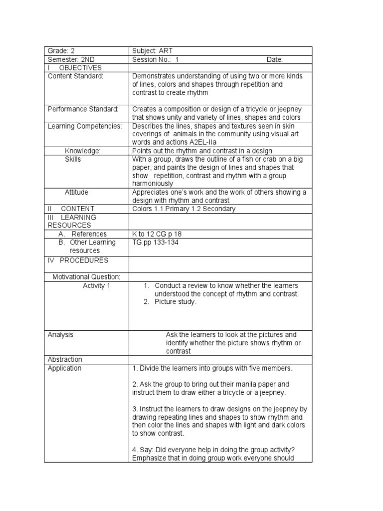 MAPEH 2 ARTS Lesson Plan 2nd Quarter | PDF | Learning | Composition (Visual Arts)