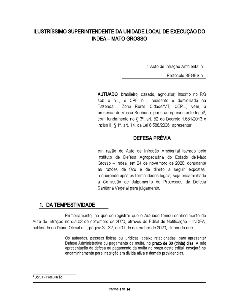 Modelo de Defesa Previa para Auto de Infracao Lavrado Pelo INDEA Agrotoxicos | PDF ...