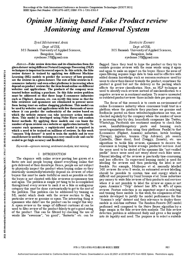 Fake Review Detection Iee Paper Pdf Machine Learning Statistical