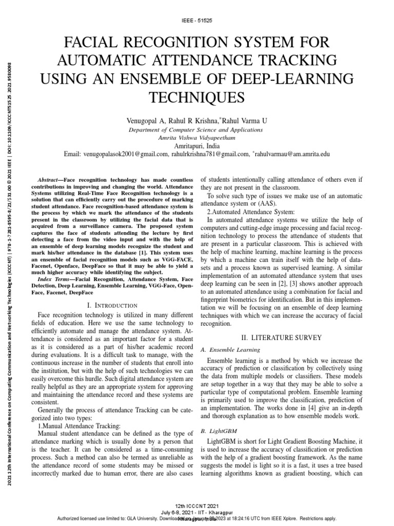 Facial Recognition System For Automatic Attendance Tracking Using An Ensemble of Deep-Learning ...