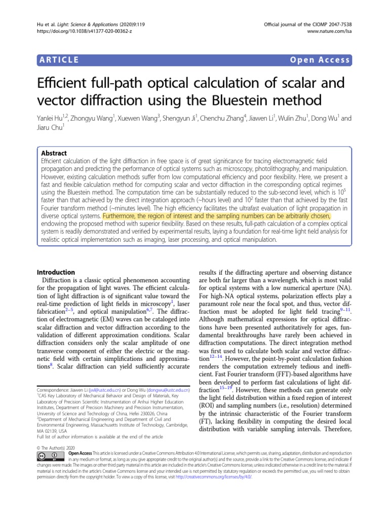 Efficient Full-Path Optical Calculation of Scalar and Vector Diffraction Using The Bluestein ...