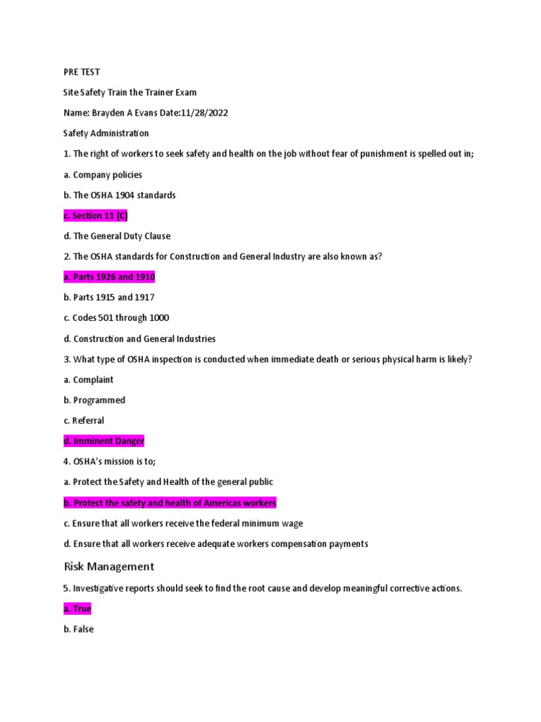 Osha Questions Word | PDF | Hazards | Occupational Safety And Health ...