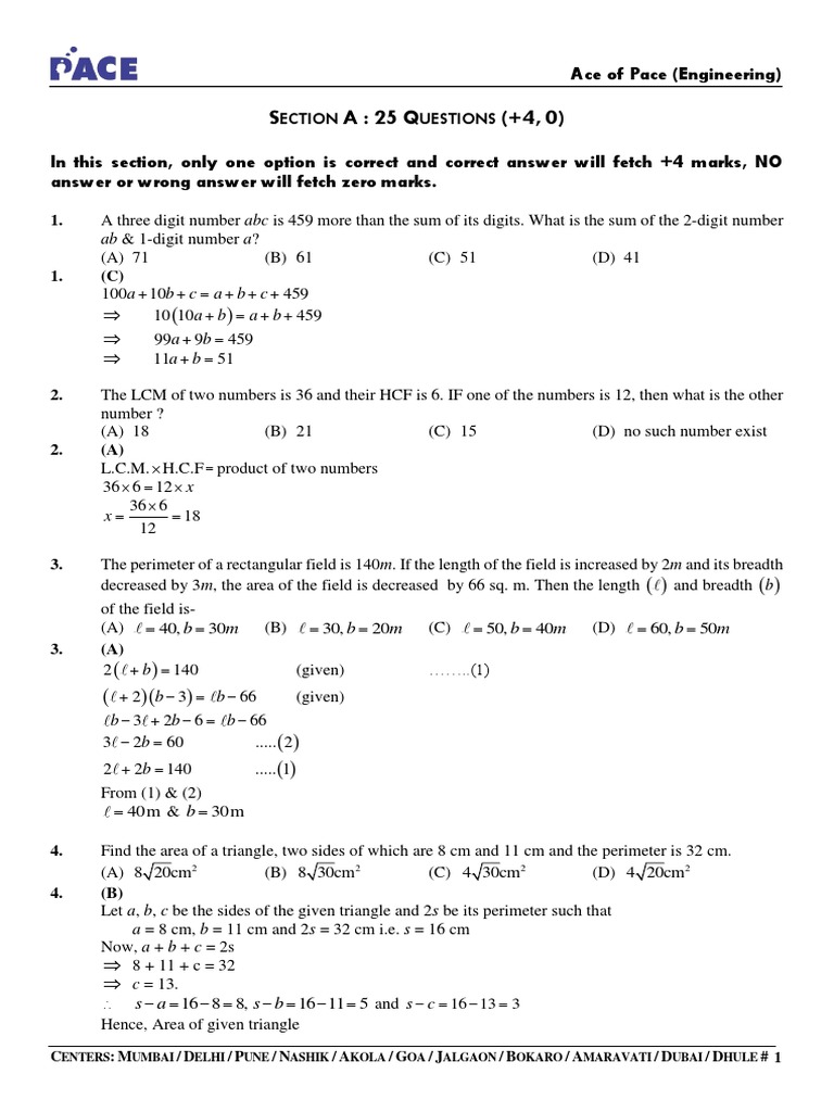 Ace of Pace Engineering Exam Paper | PDF | Area | Numbers