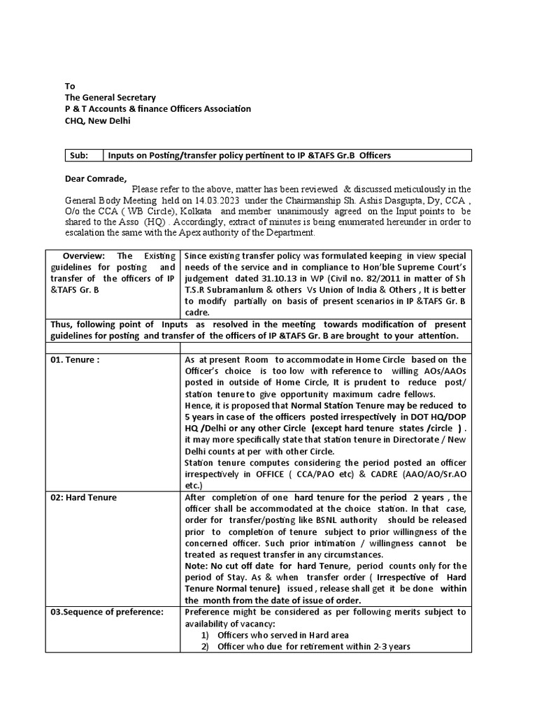 Inputs On Transfer Policy Draft | PDF