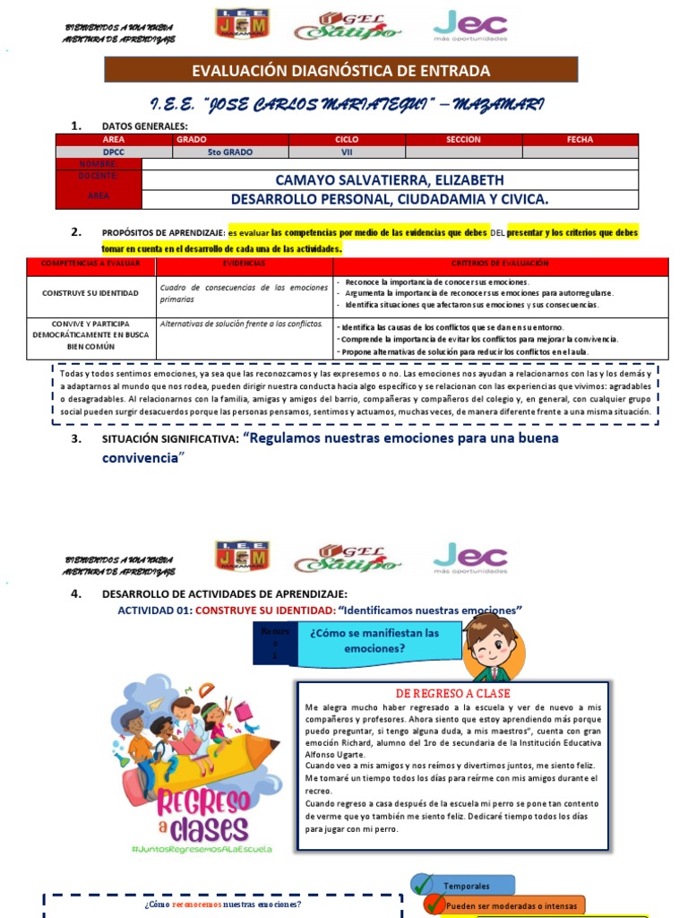EVALUACION DIAGNÓSTICA DPCC-4 t7TO | PDF | Las emociones | Evaluación
