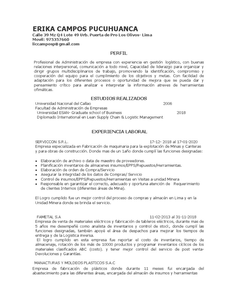 CV Erika Campos PDF | PDF | Logística | Business