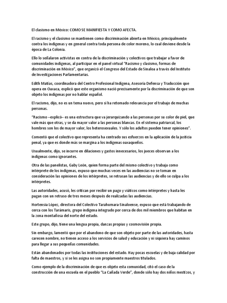 El Clasismo en México | PDF | México | Racismo