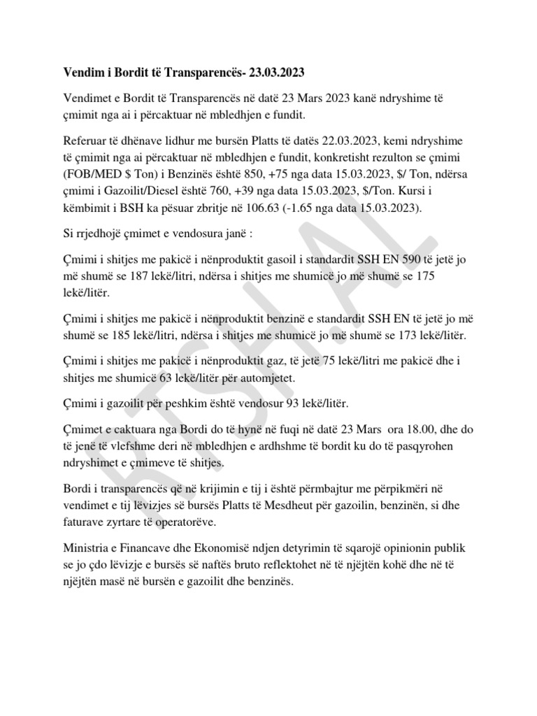Vendim Bordi I Transparencës-23 Mars 2023 | PDF