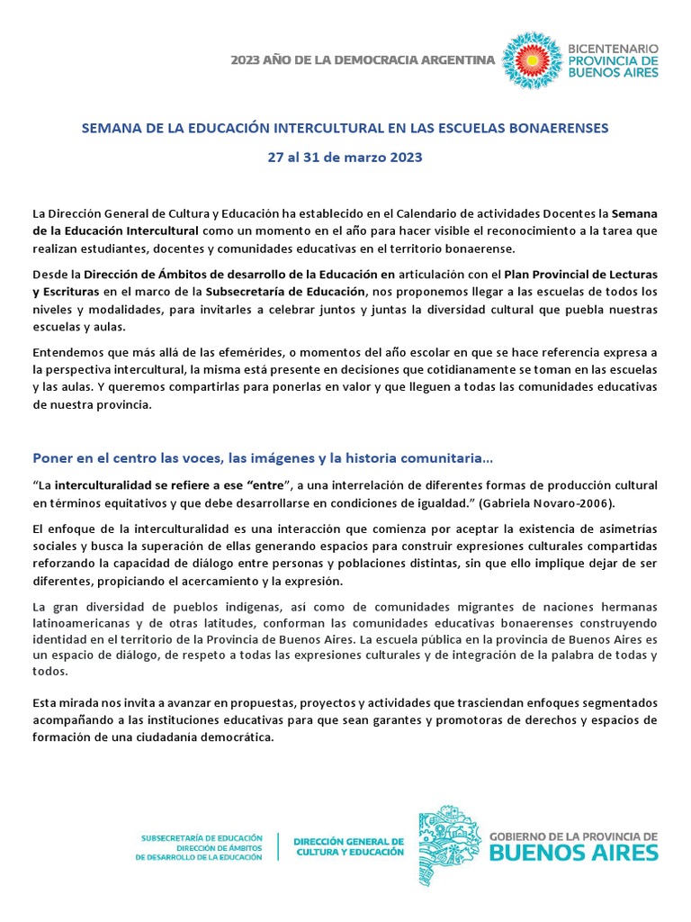 Semana de La Educación Intercultural. 2023 Dade Plan Prov Lecturas y Escrituras | PDF ...