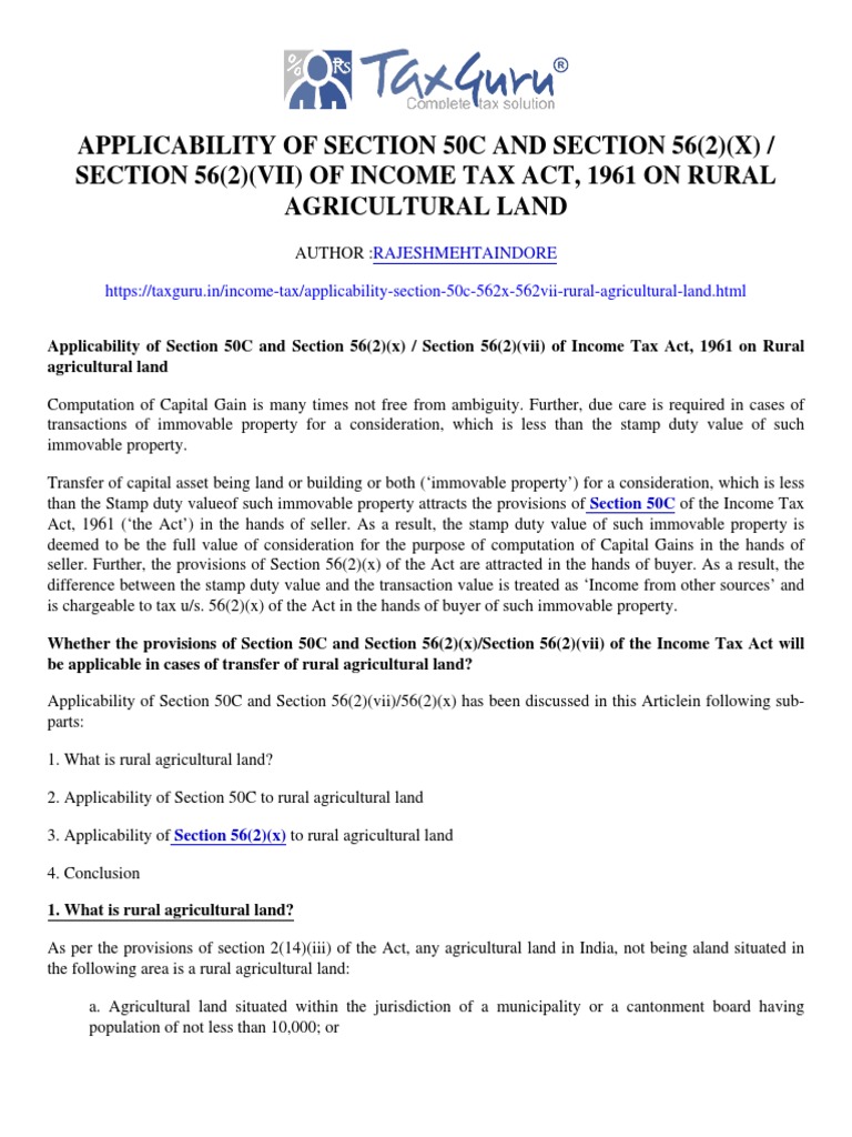 Section 56 (2) (Vii) of Income Tax Act, 1961 On Rural Agricultural Land ...