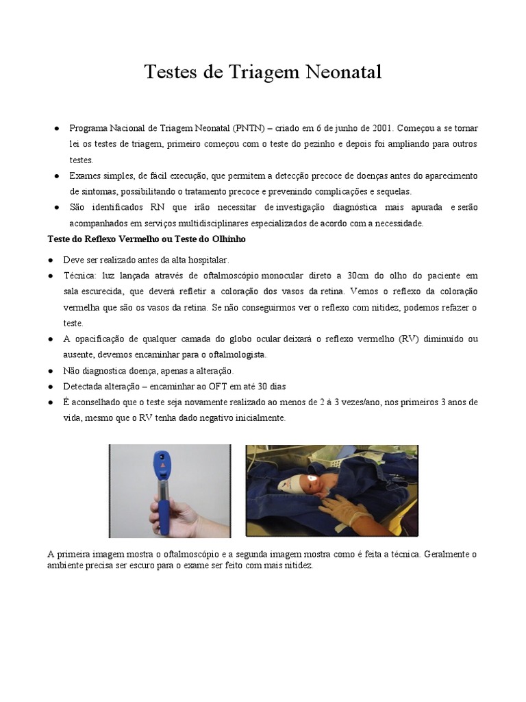Testes de Triagem Neonatal: Importância e Métodos | PDF