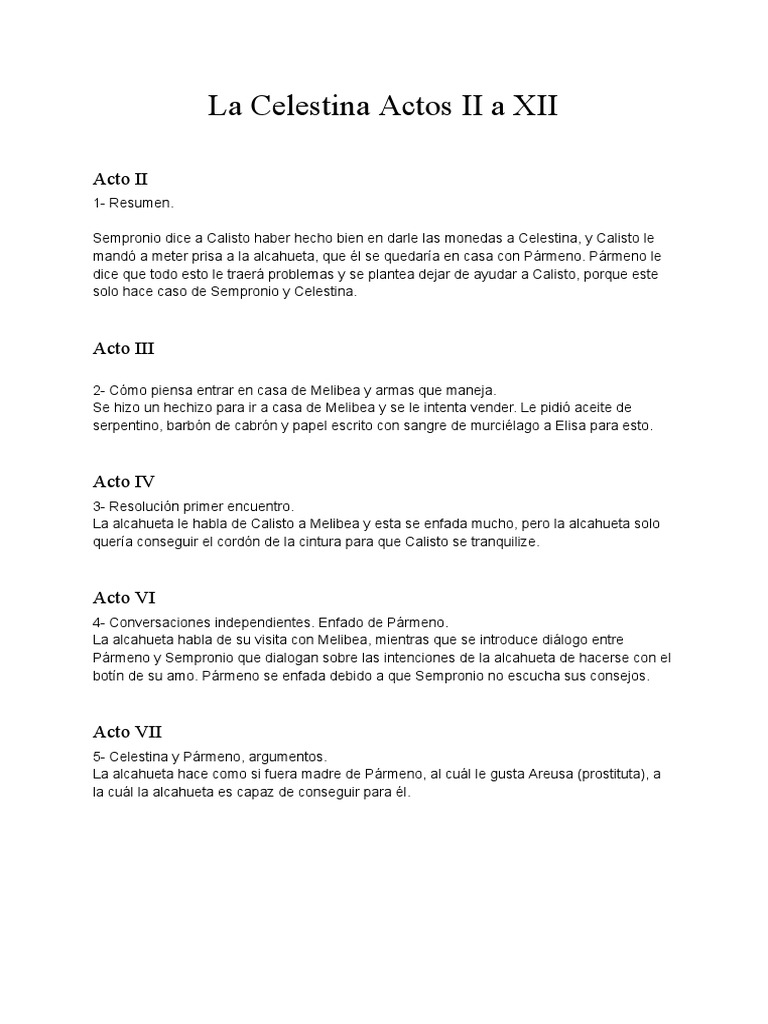 Resumen de La Celestina: Actos II-XII | PDF | Clásicos