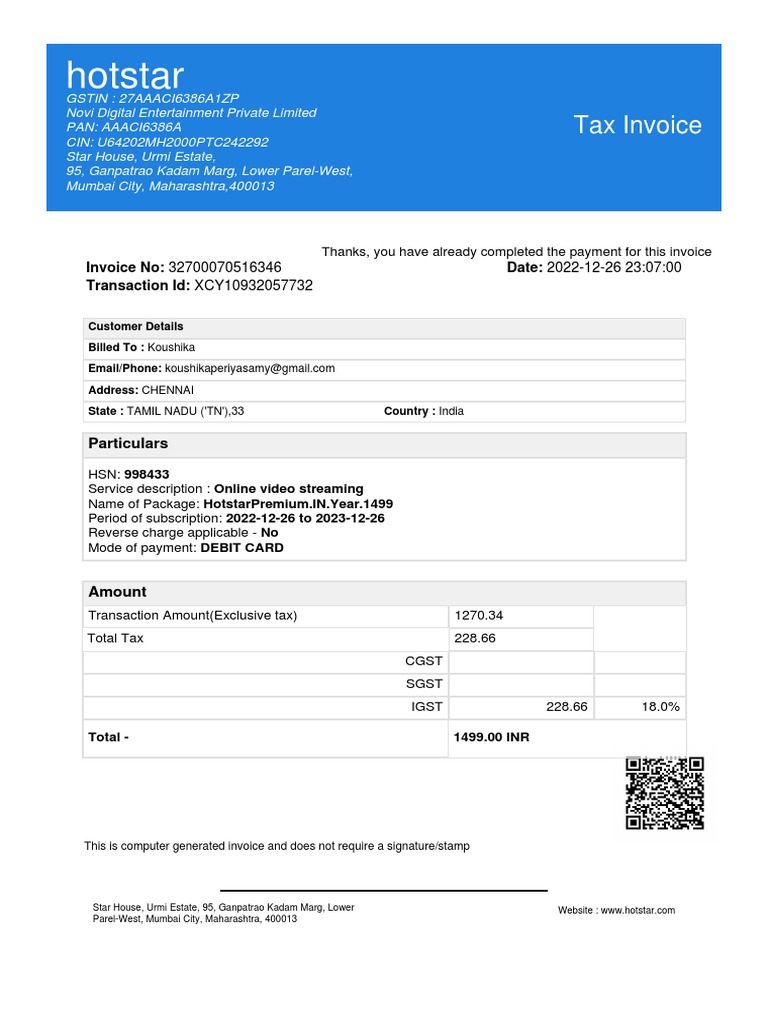 Hotstar: Tax Invoice | PDF