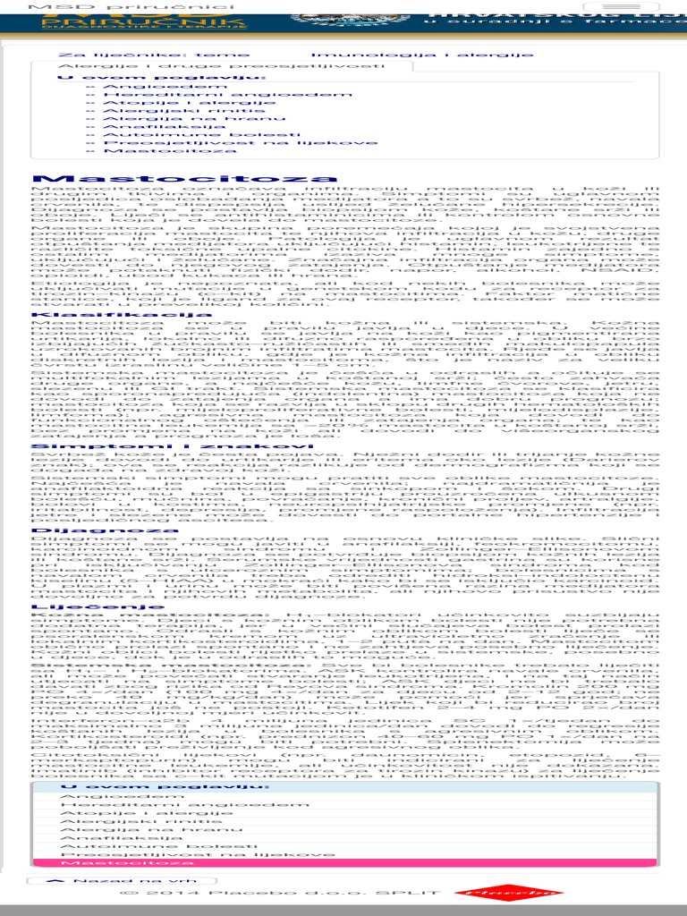 MSD Priručnik Dijagnostike I Terapije Mastocitoza | PDF