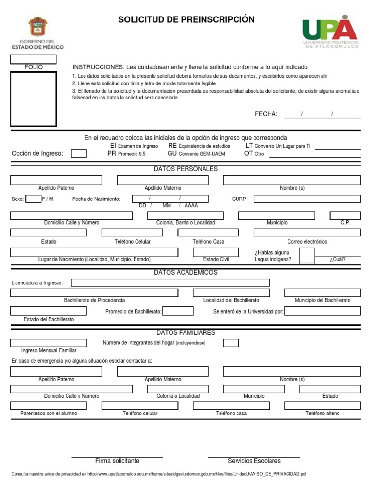 Solicitud de Preinscripción | PDF
