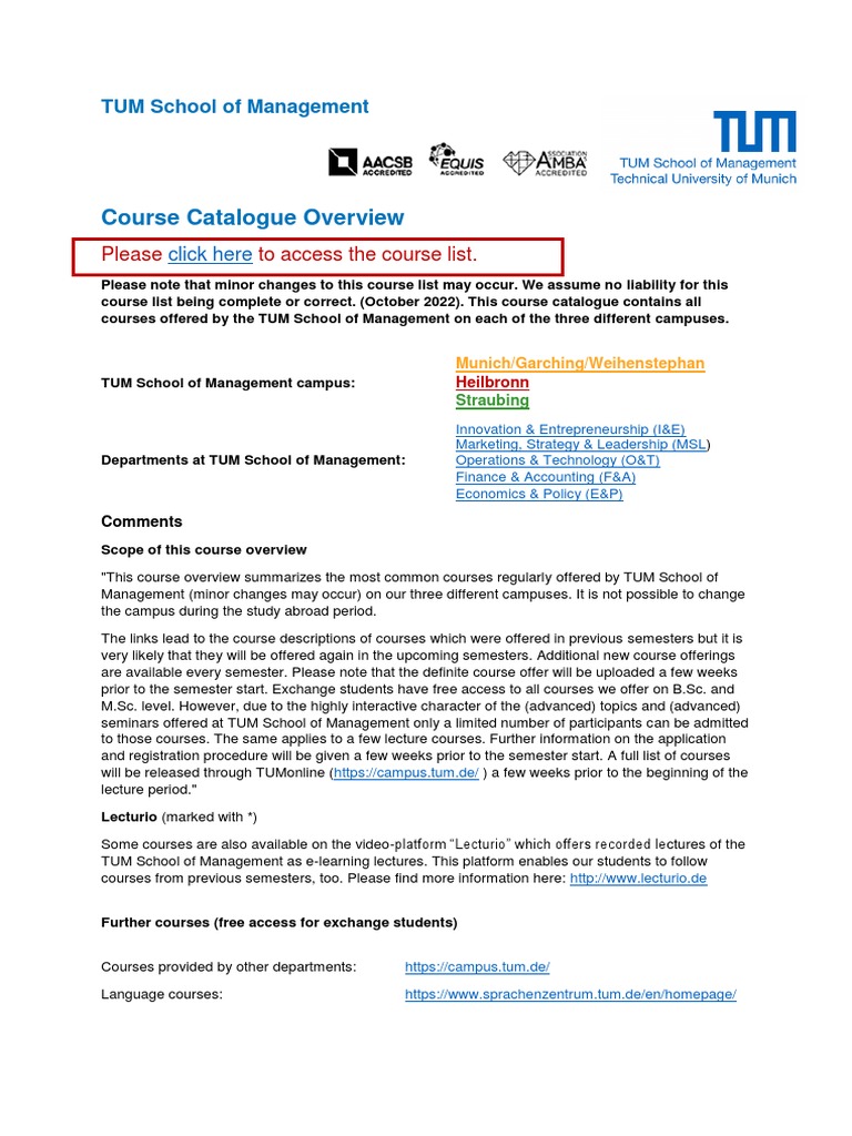 Tum School of Management Course Catalogue Incoming Exchange Students | PDF