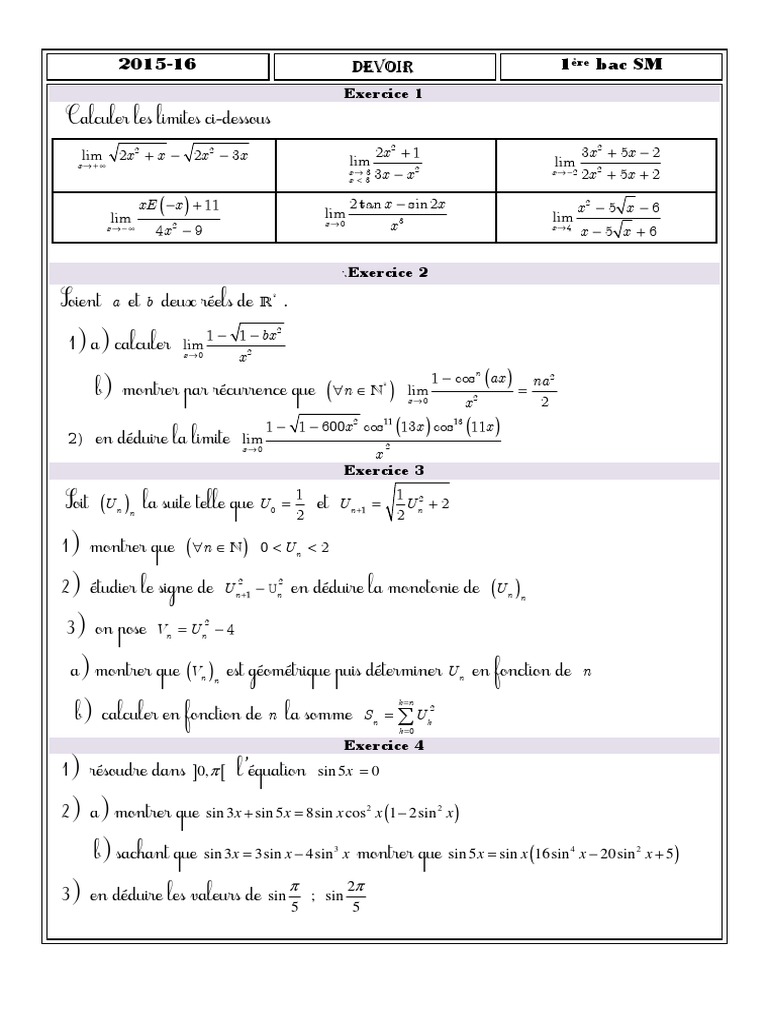 Devoir 1 Maths 1er BAC Sciences Mathematiques 2nd Semestre Sections Internationales Option ...