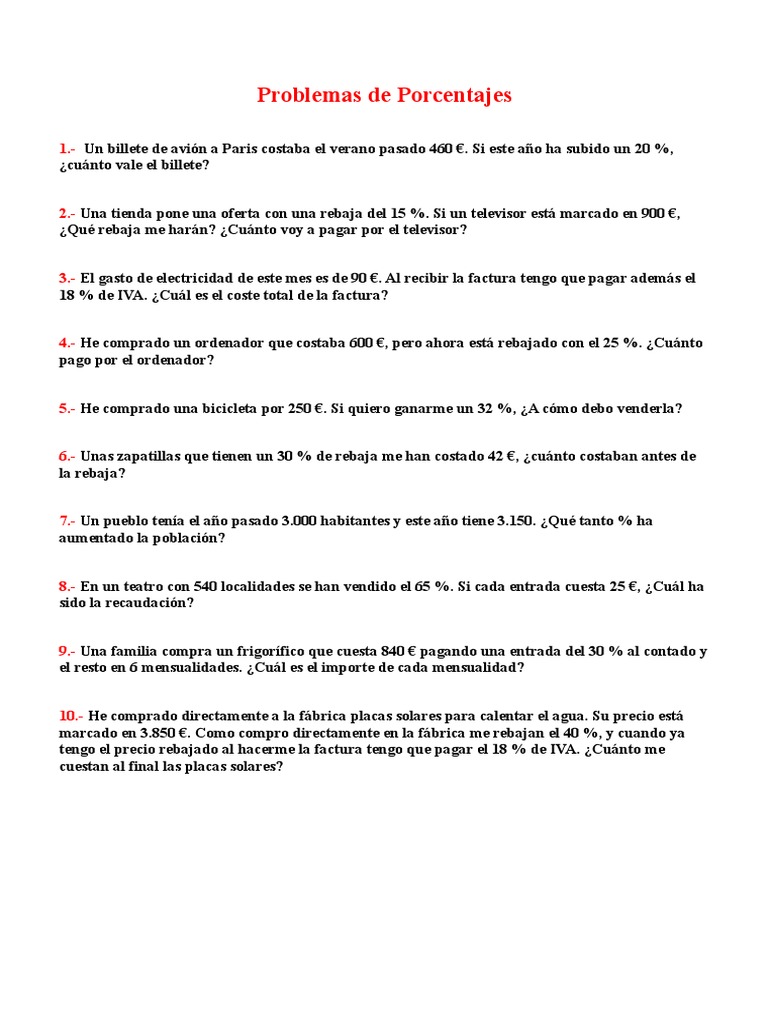 Ejercicios Porcentajes PDF | PDF