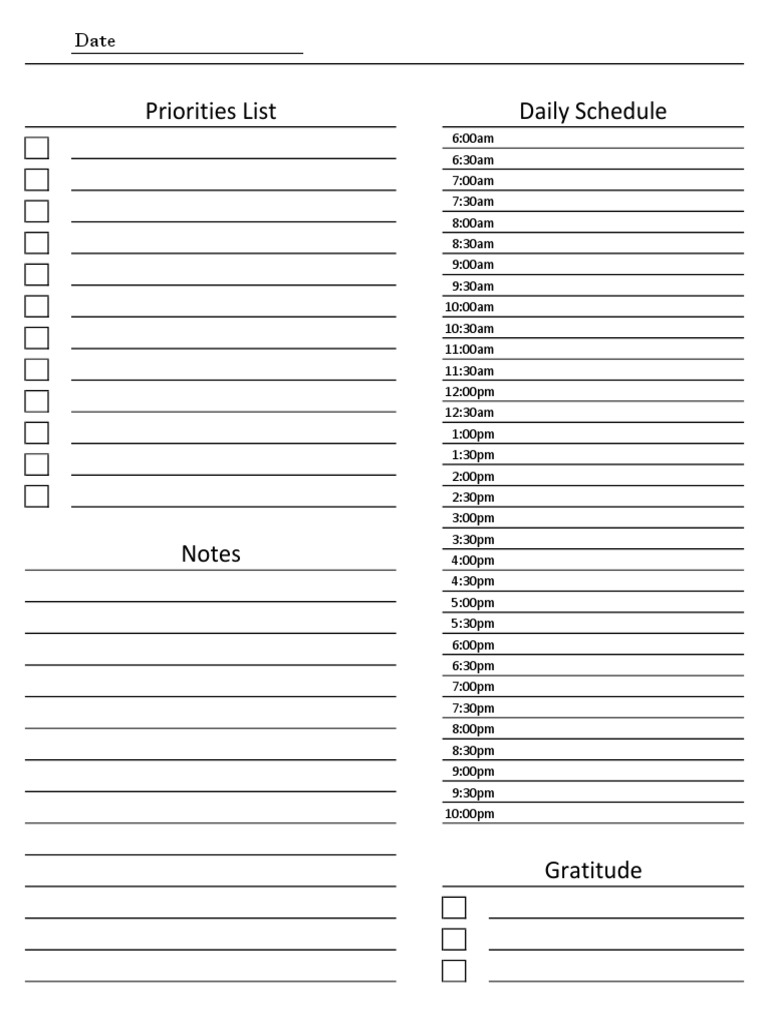 Daily Schedule with Priorities and Gratitude | PDF