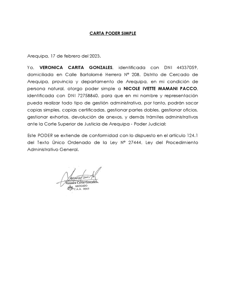 Carta Poder Simple - Poder Judicial | PDF