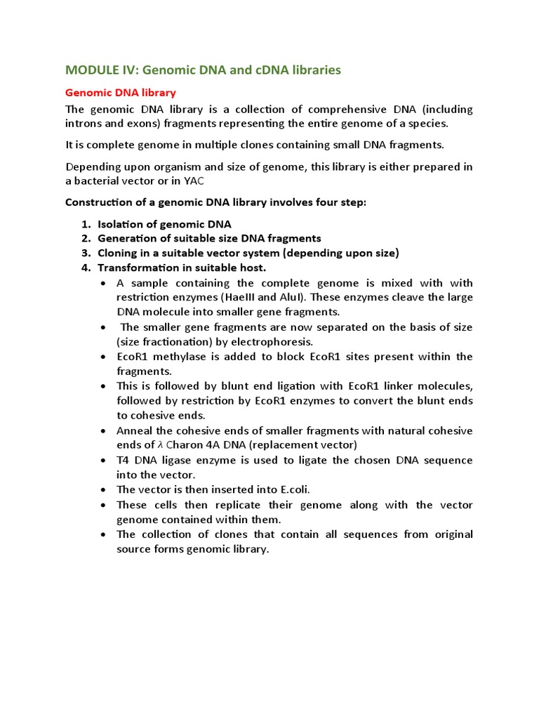 Module IV - Genomic DNA and cDNA Library | PDF | Genome | Molecular Cloning