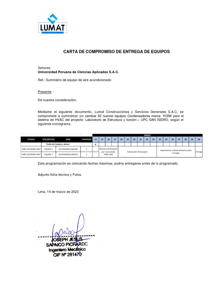 CARTA DE COMPROMISO DE ENTREGA - FAN COIL- UPC SAN ISISDRO.pdf | PDF