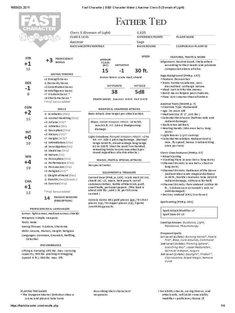 Fast Character - D&D Character Maker - Aasimar Cleric 5 (Domain of Light) - Father Ted | PDF ...