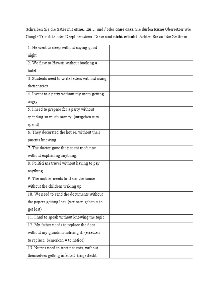Ohne-u.-Anstatt-zu-Übersetzungsübung.docx | PDF