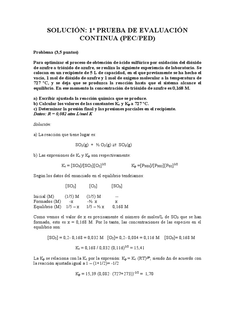 1 PEC - Solución | Descargar gratis PDF | Dióxido de azufre | Equilibrio químico