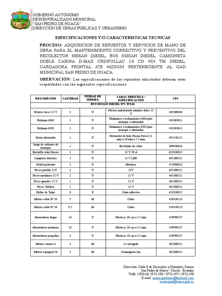 Especificaciones Tecnicas Repuestos | PDF | Vehículos terrestres | Vehículo de motor