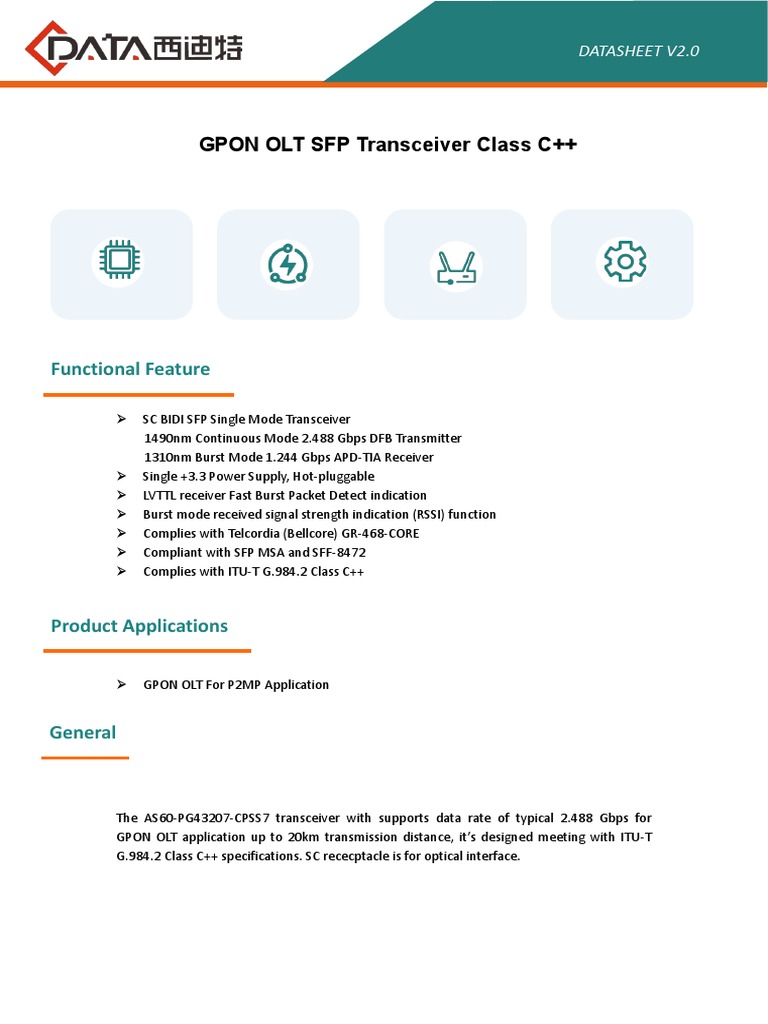 C-Data GPON OLT SFP Transceiver Class C++ Product Datasheet-V2.0 | PDF | Electronic Engineering ...