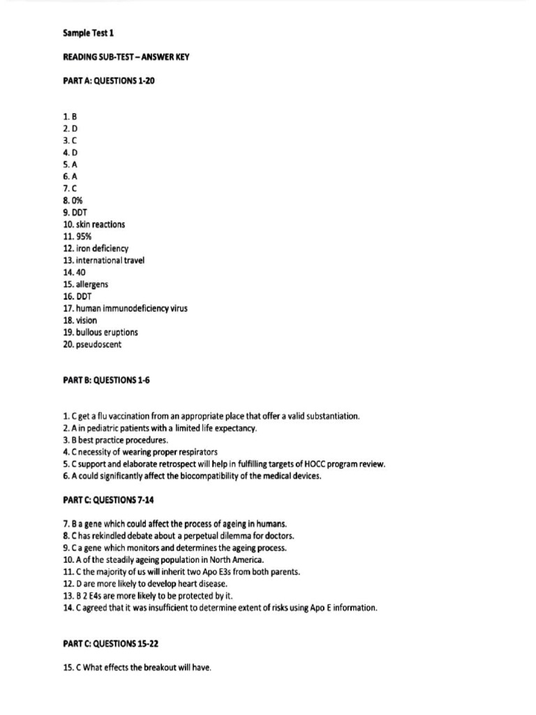 OET Reading Test Answer Key | PDF
