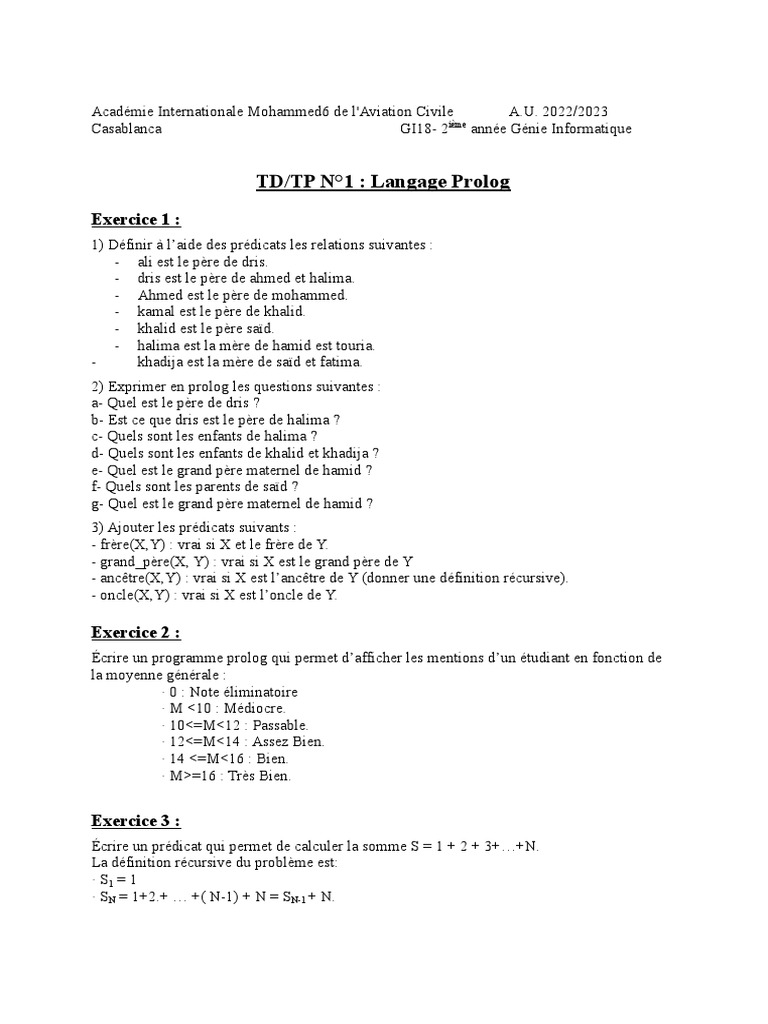 TP1 Prolog | PDF | Informatique | Algorithmes