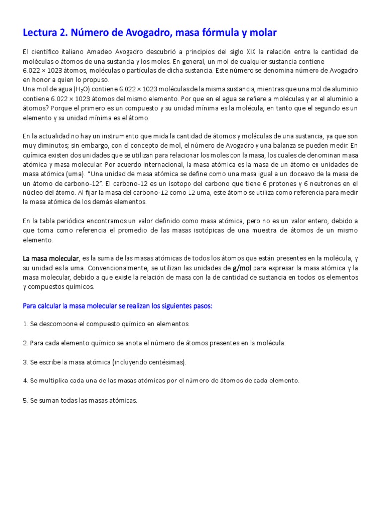 Lectura 2 - Número de Avogadro, Masa Fórmula y Molar | PDF | Mole ...