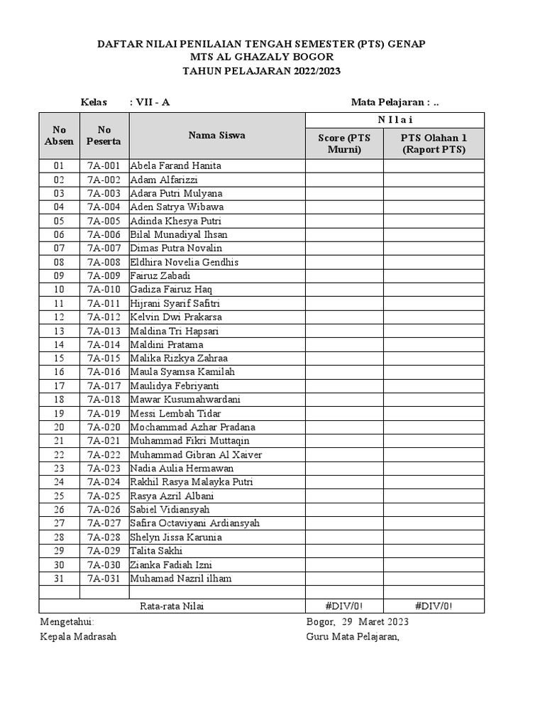 Blanko B.INDONESIA Olah Nilai PTS Genap 2223 kls 8DE-9.xlsx | PDF