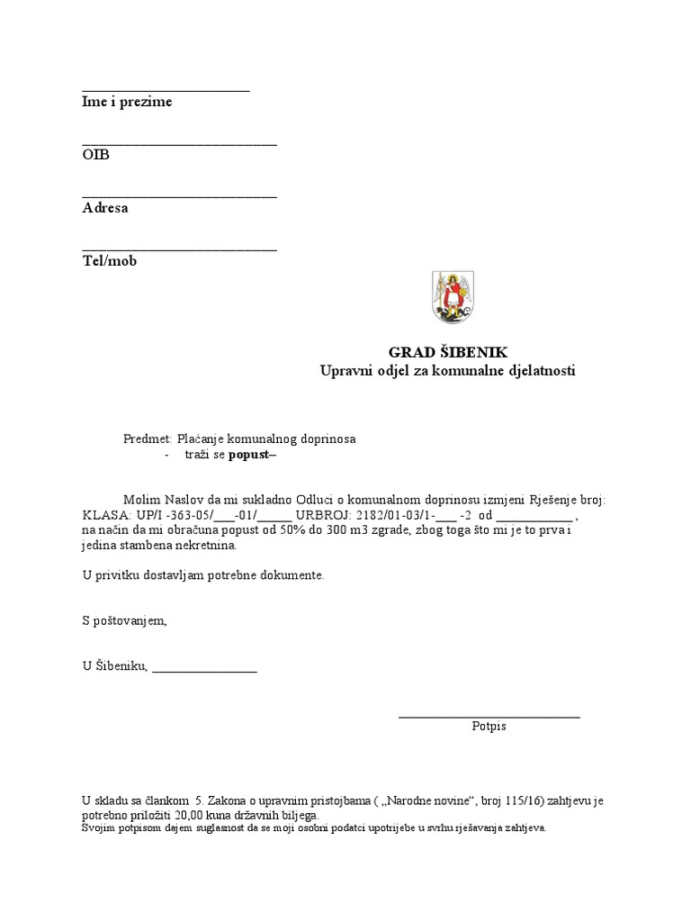 OBRAZAC za popust na plaćanje komunalnog doprinosa | PDF