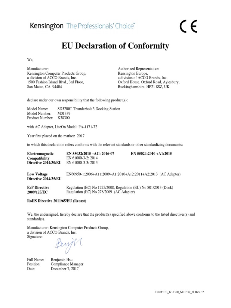 Kensington EU Declaration of Conformity | PDF
