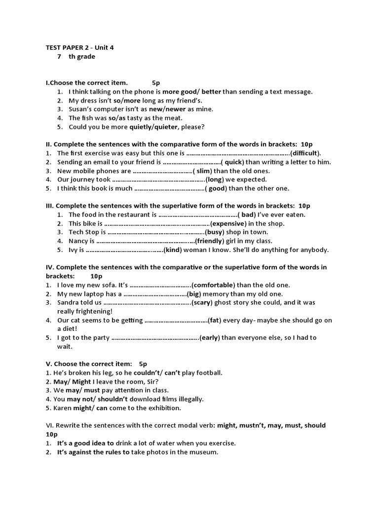 TEST PAPER 2 7th Grade Unit 4 | PDF