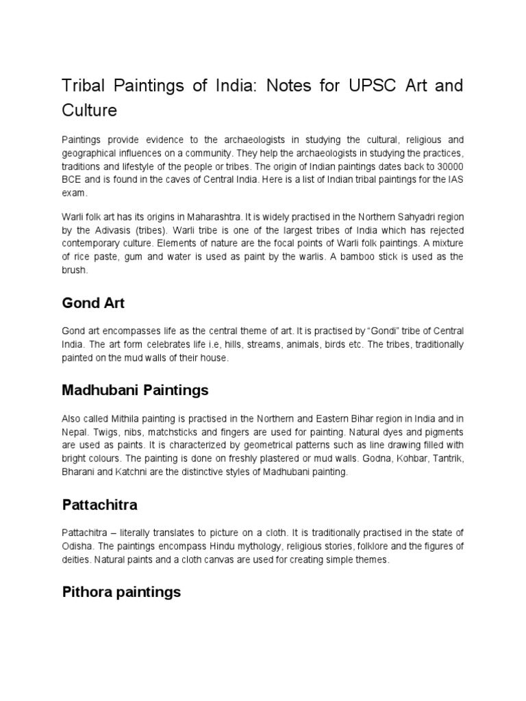 Tribal Paintings of India - Notes For UPSC Art and Culture | PDF