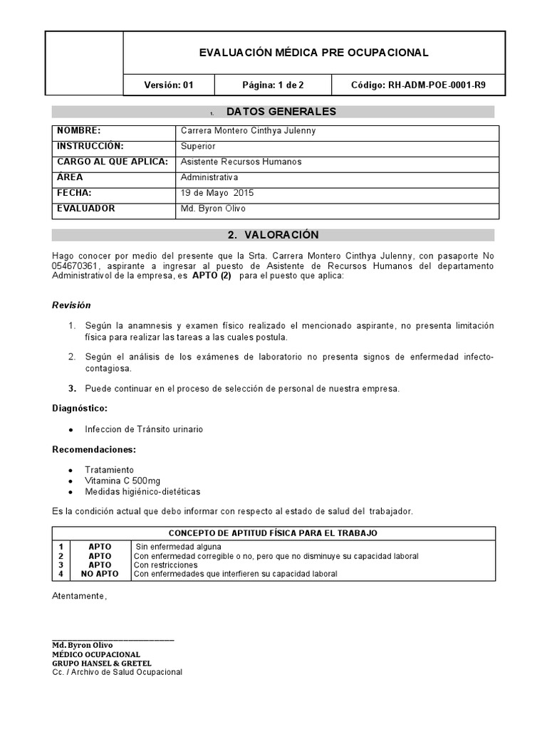 Formato Evaluación Médica Preocupacional | PDF