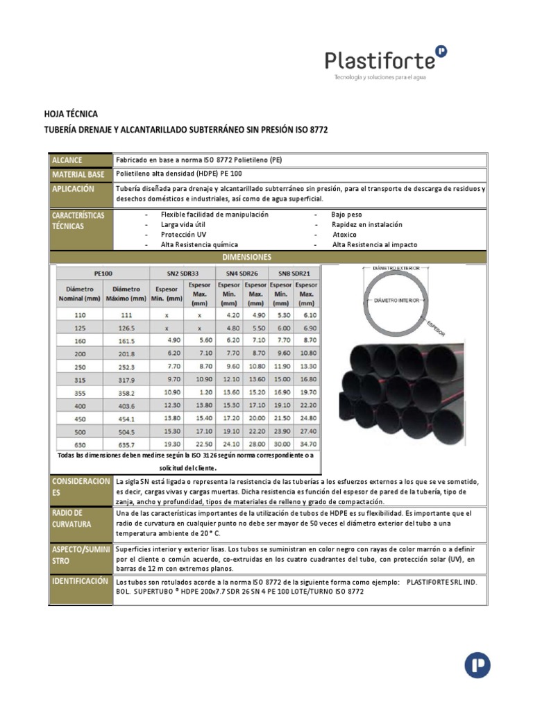 Hoja Tecnica Tuberia HDPE ISO 8772 | PDF | Tubería (transporte de ...
